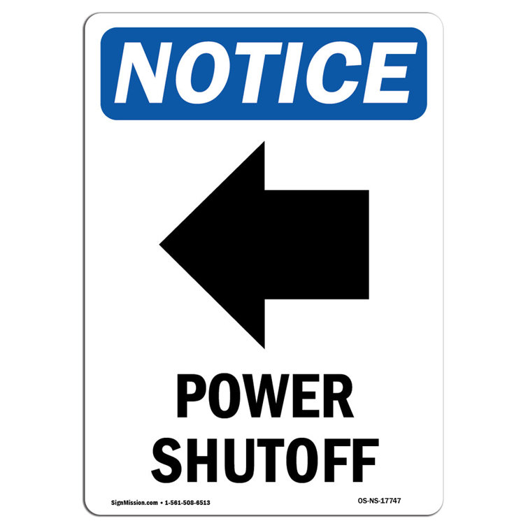 SignMission OSHA Notice - Power Shutoff [Left Arrow] Sign With Symbol ...